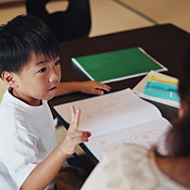 Homework, counting and Asian child with mom in home for maths lesson ...