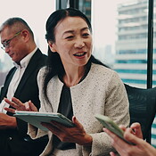 Collaboration, teamwork and colleagues in boardroom, tablet and ...