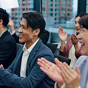 Office, applause and business people in Japan for seminar, presentation ...