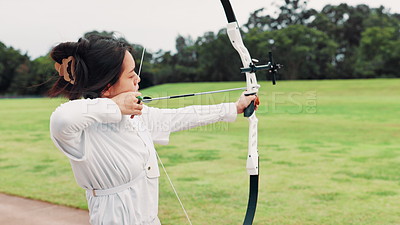 Shooting, aim and woman with archery training, target practice and ...