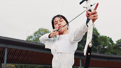 Archer, aim and girl with outdoor training, target practice and ...