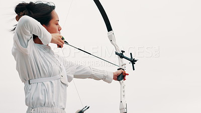Archer, aim and girl with outdoor training, target practice and ...