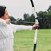 Archer, aim and girl with outdoor training, target practice and ...
