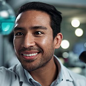 Scientist, man and beaker in laboratory, smile and medical research ...