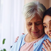 Hug, grandma and woman with support, love and remember of loss, widow ...