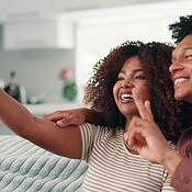 Couple, hug and peace sign for home selfie, emoji and photography to ...