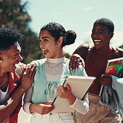 Surprise, diversity and students with people on college campus for ...