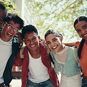 Outdoor, couple of friends and college students with hug in circle for ...