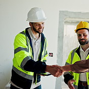 Greeting, architect and handshake for meeting, colleagues and ...