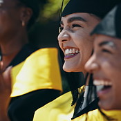 Graduates, happy woman and applause for graduation celebration ...