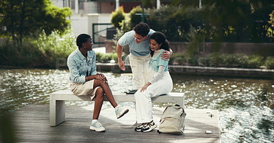 Outdoor, couple of friends and college students with hug in circle for ...
