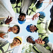 Architects, meeting and huddle with POV, planning and diversity with ...