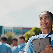 Thinking, smile and nurse with tablet, healthcare and internship for ...