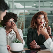 Teamwork, conversation and business people in office, meeting and ...