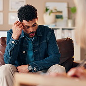 Therapist, sad man and patient with office discussion, advice and ...