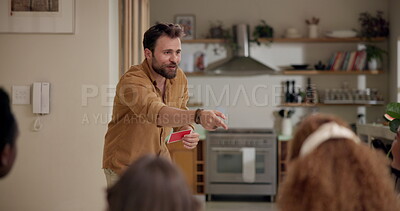 Acting, game or mime with man and friends in living room of home for ...