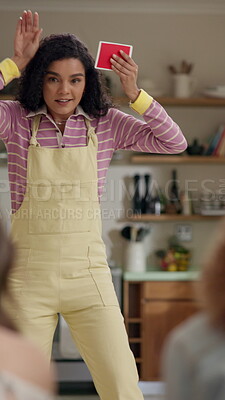 Mime, woman and playing game in home with animal description, answer ...