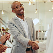 Group clapping, shaking hands and business man with respect, praise and ...