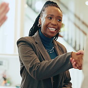 Handshake, business woman and team applause for respect, goal ...