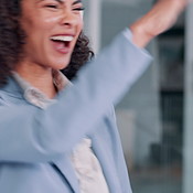 Business, woman and excited at office with high five for job promotion ...