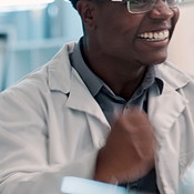 Man, scientist and celebration in lab for research results ...