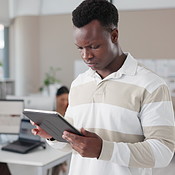 Man, research and browsing with tablet for company performance ...