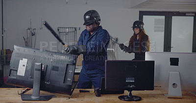 Rage room, anger and people with computer smash for stress relief ...