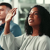 Conference, workshop and woman with question, discussion and meeting ...