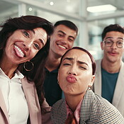 Selfie, funny face and employees in office, silly and celebration for ...