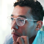 Glasses, man or it support programmer on computer for coding research or cybersecurity update ...