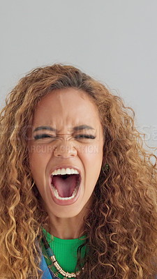 Face, anger and screaming with woman, business and frustrated on gray ...