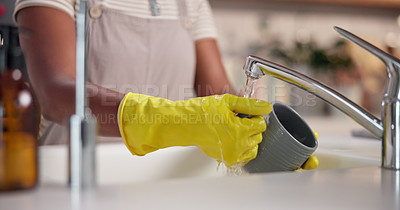 Cleaning, woman and hands washing dishes in home for housekeeping ...