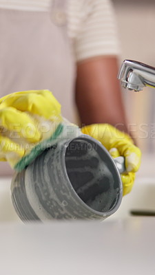 Hands, person and washing of dishes in kitchen for hygiene, bacteria ...