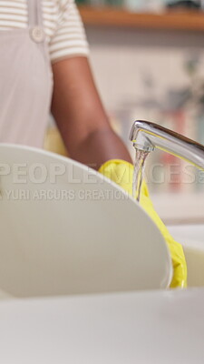 Hands, cleaner and washing dishes in kitchen with hygiene, bacteria ...