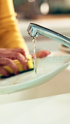 Person, hands or washing plate with tap water for crockery, hygiene or ...