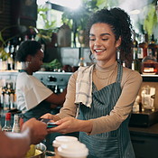 Employee, restaurant and customer with payment, friendly service and ...