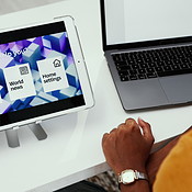 House, tablet screen and woman with homepage, internet and connection ...