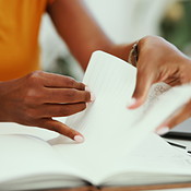 Business, hands and woman with notebook, stress and planning with ...