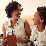 Passport, face of mother and child with ticket in home for holiday ...