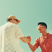 Handshake, men and friends outdoor for greeting, meeting or talk at ...