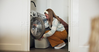 Washing machine, help and mom with child in home with clothes for ...