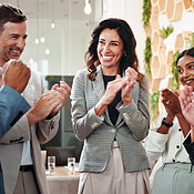 Business people, applause and celebration in office, teamwork and ...