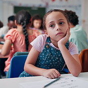 Girl, preschooler and child thinking in classroom with books, education ...