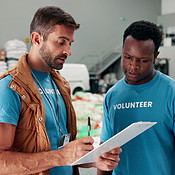Volunteer, donation or people with clipboard in warehouse for food bank ...