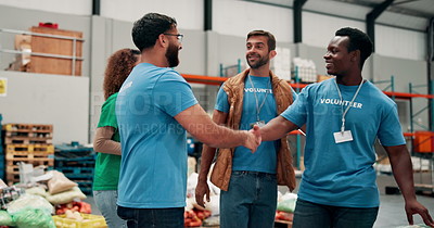 Checklist, food drive and handshake with volunteer people in community ...