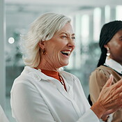 Laughing, applause and women in conference, success and celebration for ...