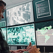 Army, man and computer screen for military safety, battle location and monitoring war. Soldier ...