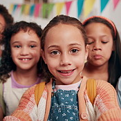 Face, children and smile for selfie in classroom for goofy expression ...