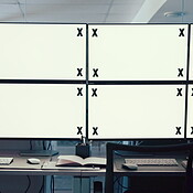 Computer screen, security and space with equipment in empty office to ...