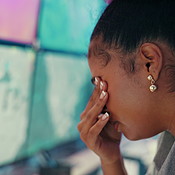 Computer, tired woman and eye strain in office for meteorology ...